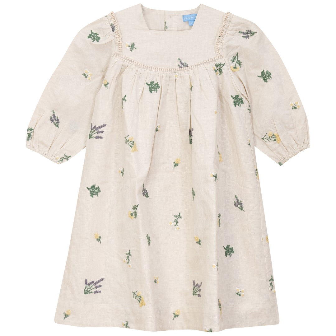 Pompomme Embroidered Linen Dress | Macaroni Kids